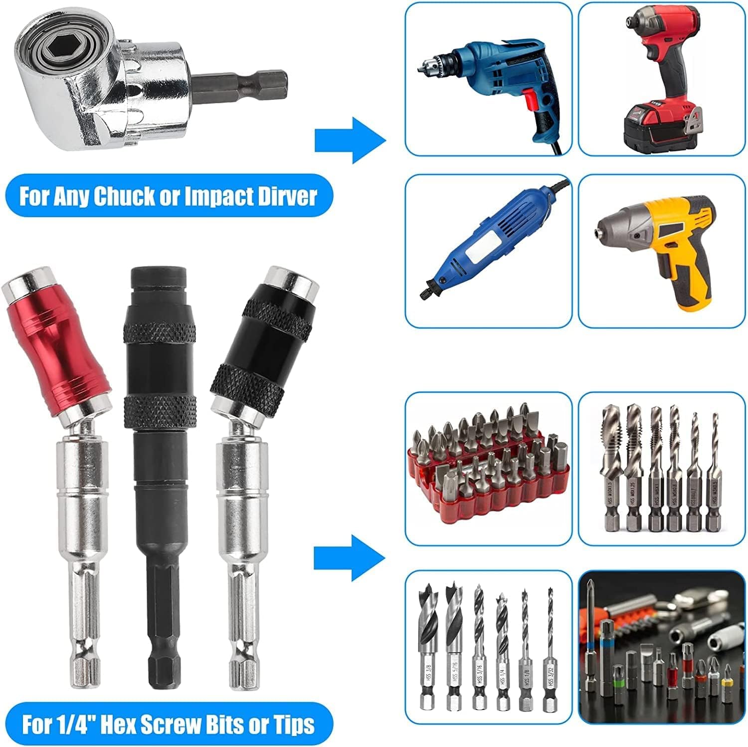 SUNJOYCO 3PCS 1/4" Magnetic Pivot Drill Bit Tip Holder, 105° Right Angle Drill Adapter Extension Impact Driver Bendable in 20° Angle for Corner