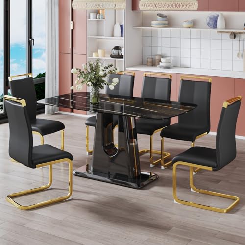 Xshelley 63" Faux Marble Dining Table Set for 6, 7 Piece Dining Table Set with 1 Faux Marble Dining Table and 6 Upholstered Dining Chairs for Kitchen Dining Room (Black-A, 7 Piece Dining Taboe Set)