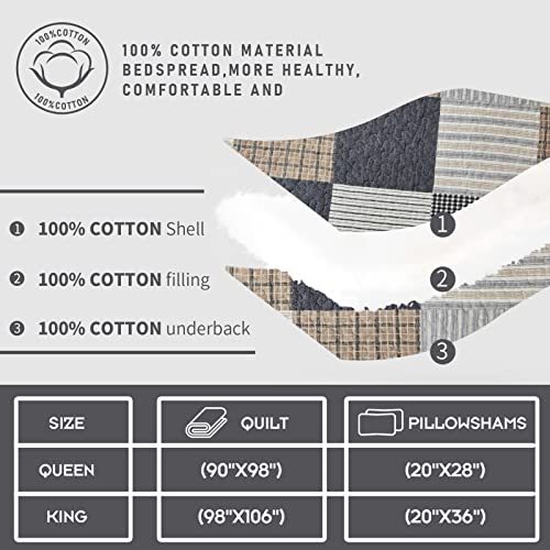 Finlonte Quilts Queen Size, 100% Cotton Lightweight Bedspread, Grey Brown White Plaid Patchwork Soft Reversible Queen Quilt Set for Bed All Season, 3-Pieces