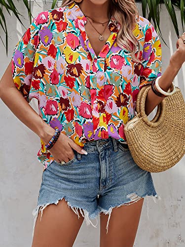 CCTOO Women's Blouses V Neck Short Sleeve Curved Hem Solid Chiffon Dressy Blouse Casual Shirts Tops 159 Color Floral Large