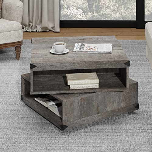 WAMPAT Rotating Coffee Table 2-Tier, Square Wood Accent Tea Center Table with Rotatable Storage for Recepiton Living Room, 4 Cubbies, Riveted Corner Protection, Vintage Grey, 25.5"