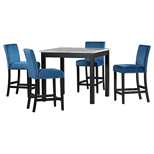 Lifeand 5-Piece Counter Height Set with One Faux Marble Dining Table and Four Upholstered-Seat Chairs,for Kitchen and Living Room Furniture, OneSize, Blue