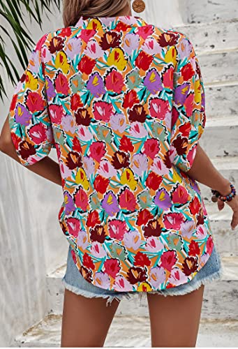 CCTOO Women's Blouses V Neck Short Sleeve Curved Hem Solid Chiffon Dressy Blouse Casual Shirts Tops 159 Color Floral Large