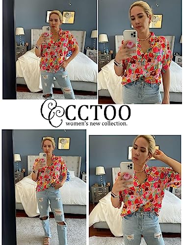 CCTOO Women's Blouses V Neck Short Sleeve Curved Hem Solid Chiffon Dressy Blouse Casual Shirts Tops 159 Color Floral Large
