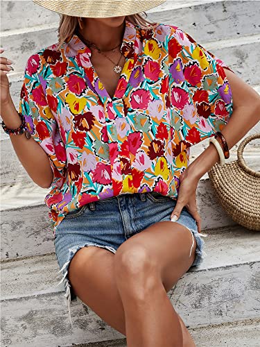 CCTOO Women's Blouses V Neck Short Sleeve Curved Hem Solid Chiffon Dressy Blouse Casual Shirts Tops 159 Color Floral Large