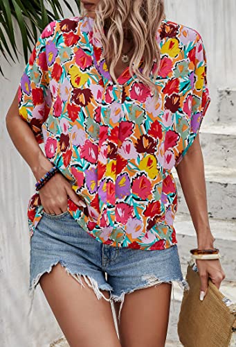 CCTOO Women's Blouses V Neck Short Sleeve Curved Hem Solid Chiffon Dressy Blouse Casual Shirts Tops 159 Color Floral Large