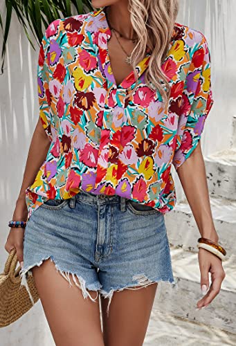 CCTOO Women's Blouses V Neck Short Sleeve Curved Hem Solid Chiffon Dressy Blouse Casual Shirts Tops 159 Color Floral Large