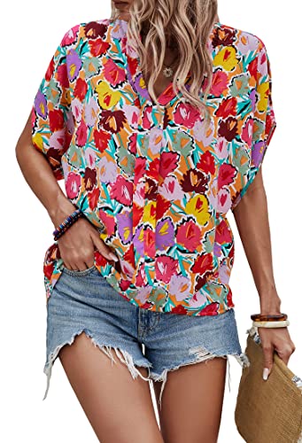 CCTOO Women's Blouses V Neck Short Sleeve Curved Hem Solid Chiffon Dressy Blouse Casual Shirts Tops 159 Color Floral Large