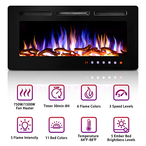 SUNNY FLAME 36 Inch Electric Fireplace Insert and Wall Mounted, Fireplace Heater, Log Set & Crystal Options, Remote Control with Timer, Adjustable Flame Color 750/1500W Heat