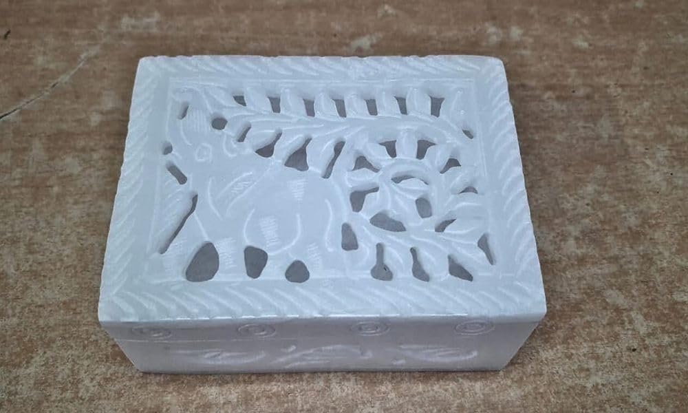 White Marble Jewelry Box 3x4 inch - Engraved Art Decorative Treasure Box, Alabaster Trinket Storage Box For Makeup Jewelry Organizer, Memento Case, Miscellaneous Tea Bags Antique Earring Holder Boxs