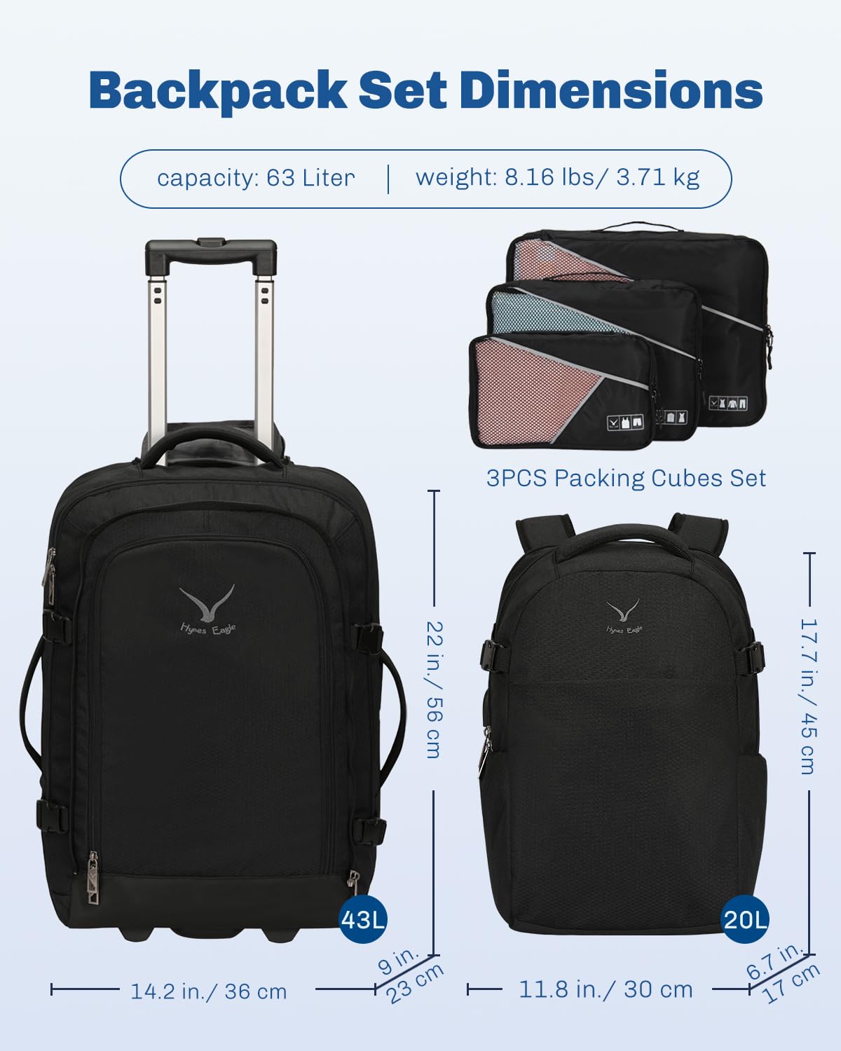 Hynes Eagle 2 in 1 Travel Backpack 22 inches Carry on Luggage 63L Rolling Backpack for Men Women with Packing Cubes 3PCS Set