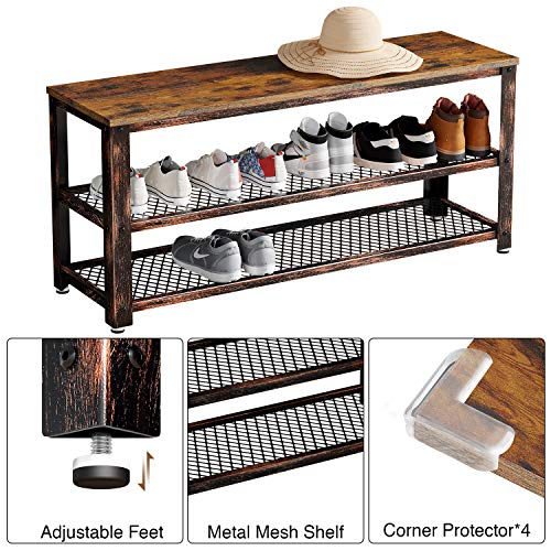 Rolanstar Shoe Bench, 3-Tier Shoe Rack, 39.4” Storage Entry Bench with Mesh Shelves Wood Seat, Rustic Foyer Bench for Hallway Front Door, Doorway, Living Room, Mudroom, Steel Frame, Rustic Brown