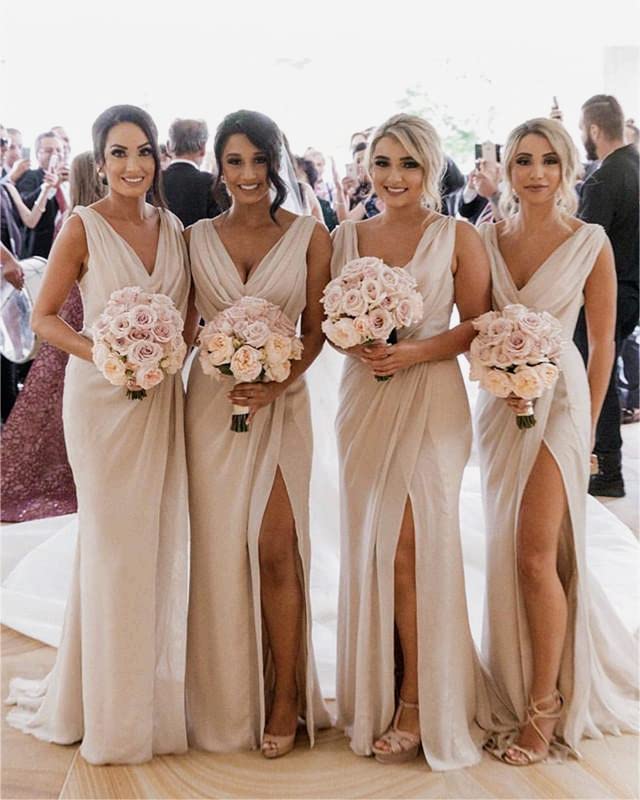 Women's V Neck Chiffon Bridesmaid Dresses with Slit Long Mermaid Formal Party Dresses Ruched Prom Dress Wisteria Size 14