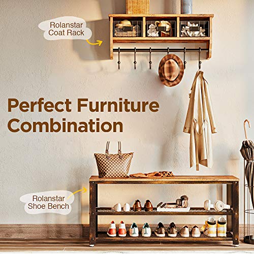 Rolanstar Shoe Bench, 3-Tier Shoe Rack, 39.4” Storage Entry Bench with Mesh Shelves Wood Seat, Rustic Foyer Bench for Hallway Front Door, Doorway, Living Room, Mudroom, Steel Frame, Rustic Brown