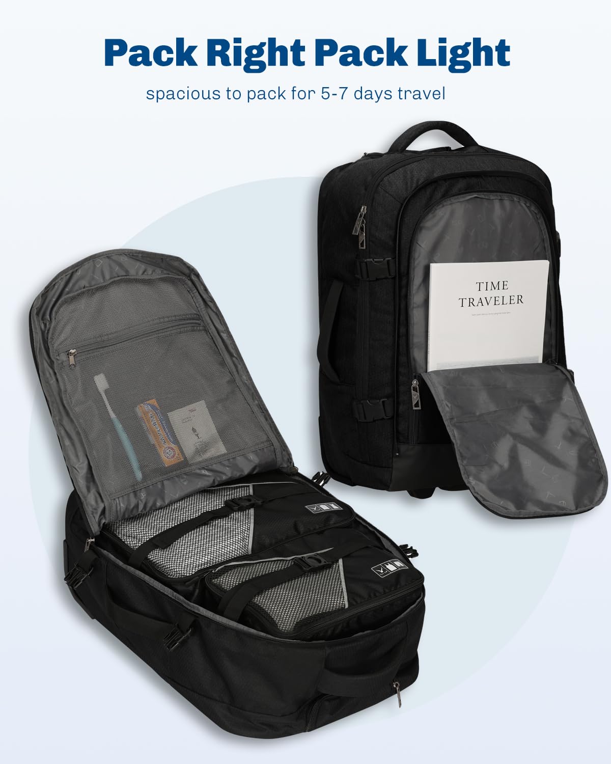 Hynes Eagle 2 in 1 Travel Backpack 22 inches Carry on Luggage 63L Rolling Backpack for Men Women with Packing Cubes 3PCS Set