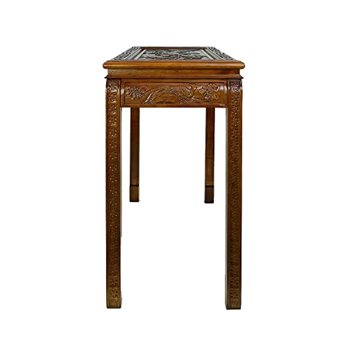 Benjara Mai 36 Inch Classic Wood Console Table, 1 Drawer, Floral Carving, Brown