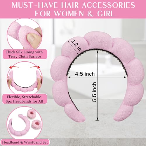 ERHIRY Spa Headband for Washing Face, Makeup Headband and Wristband Set - Pink (3 Count Silk and Flannel Materials, Absorbs Water, Hand-Washable, For Women Adults)