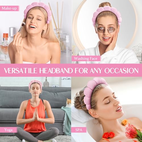 ERHIRY Spa Headband for Washing Face, Makeup Headband and Wristband Set - Pink (3 Count Silk and Flannel Materials, Absorbs Water, Hand-Washable, For Women Adults)