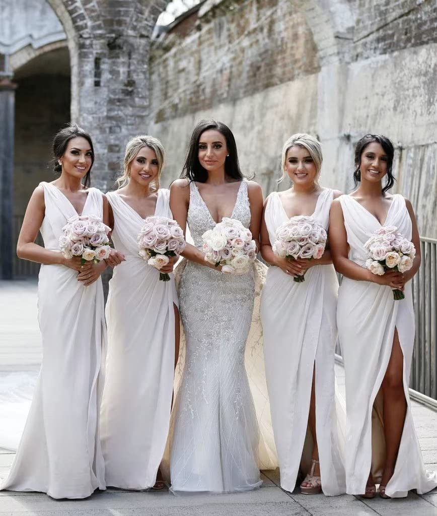 Women's V Neck Chiffon Bridesmaid Dresses with Slit Long Mermaid Formal Party Dresses Ruched Prom Dress Wisteria Size 14