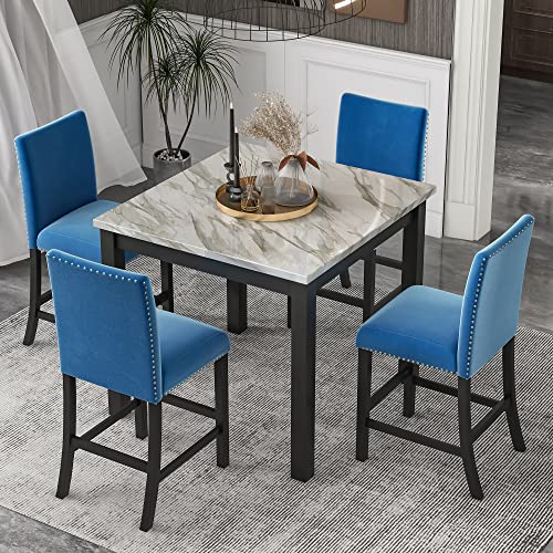 Lifeand 5-Piece Counter Height Set with One Faux Marble Dining Table and Four Upholstered-Seat Chairs,for Kitchen and Living Room Furniture, OneSize, Blue