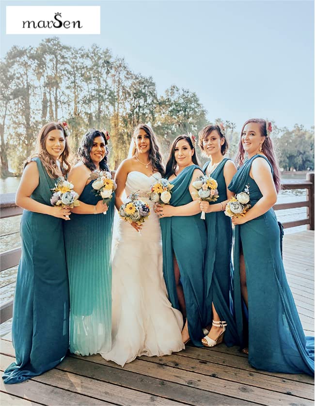 Women's V Neck Chiffon Bridesmaid Dresses with Slit Long Mermaid Formal Party Dresses Ruched Prom Dress Wisteria Size 14