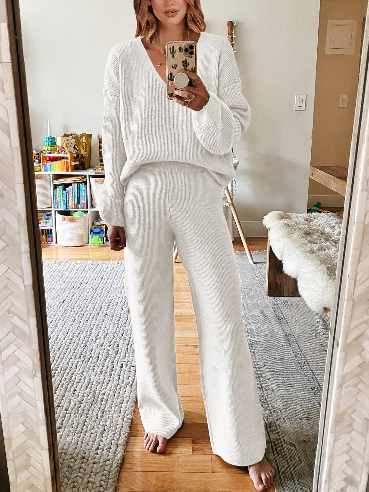 ANRABESS Women 2 Piece Outfits Sweater Lounge Sets Long Sleeve Cable Knit Pullover and Wide Leg Pants Tracksuit Matching Set White Large