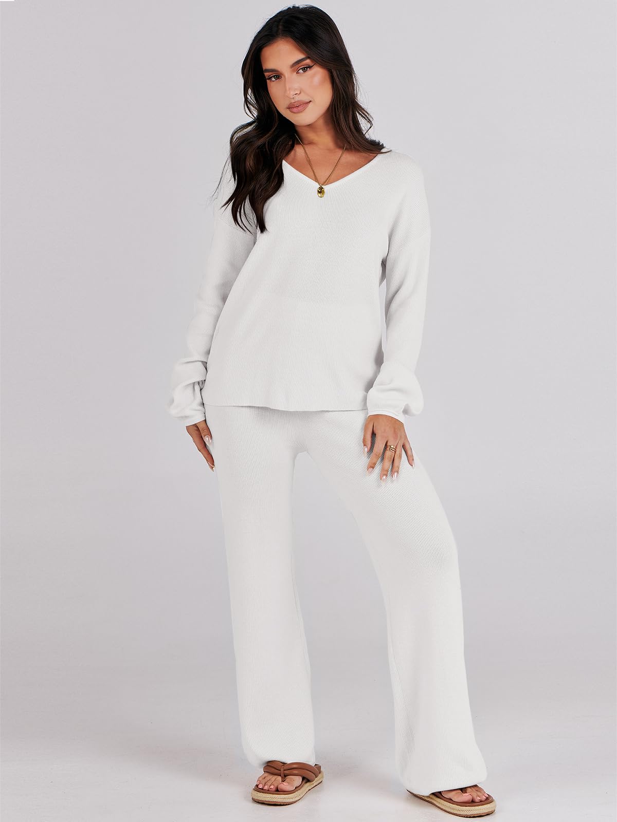 ANRABESS Women 2 Piece Outfits Sweater Lounge Sets Long Sleeve Cable Knit Pullover and Wide Leg Pants Tracksuit Matching Set White Large