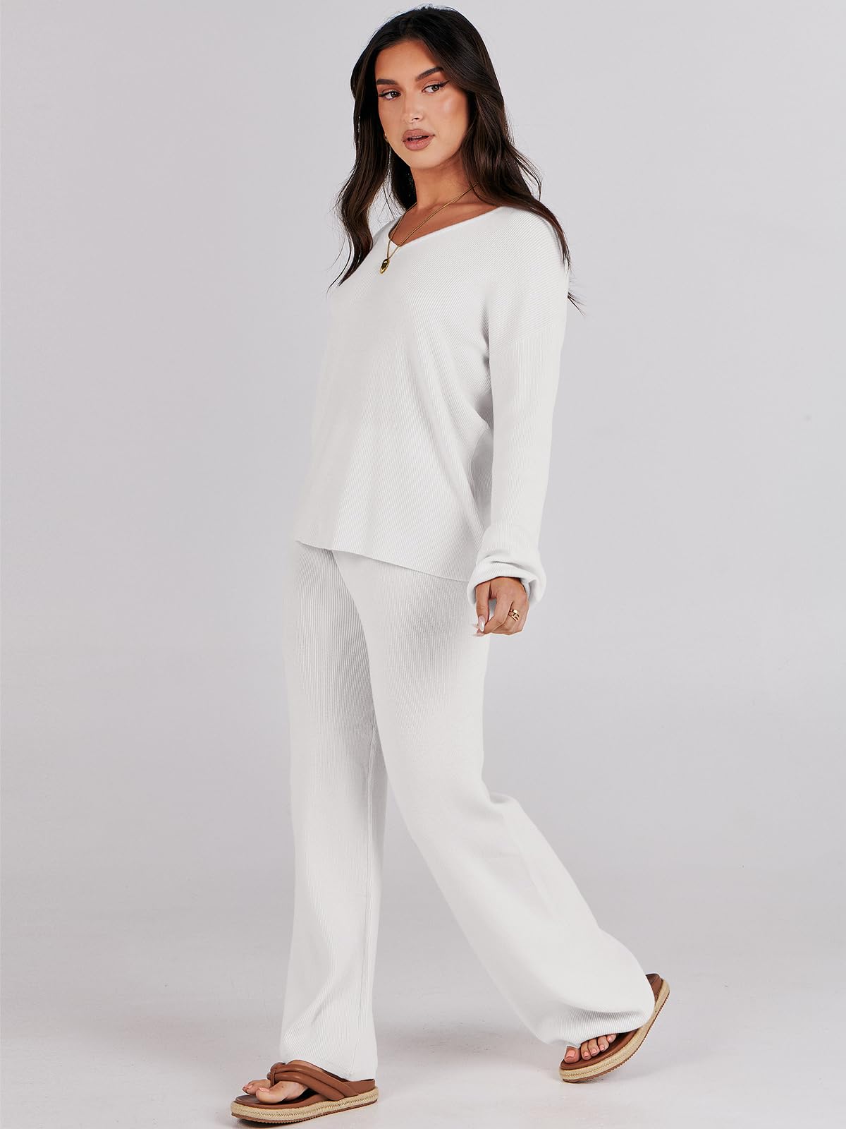 ANRABESS Women 2 Piece Outfits Sweater Lounge Sets Long Sleeve Cable Knit Pullover and Wide Leg Pants Tracksuit Matching Set White Large