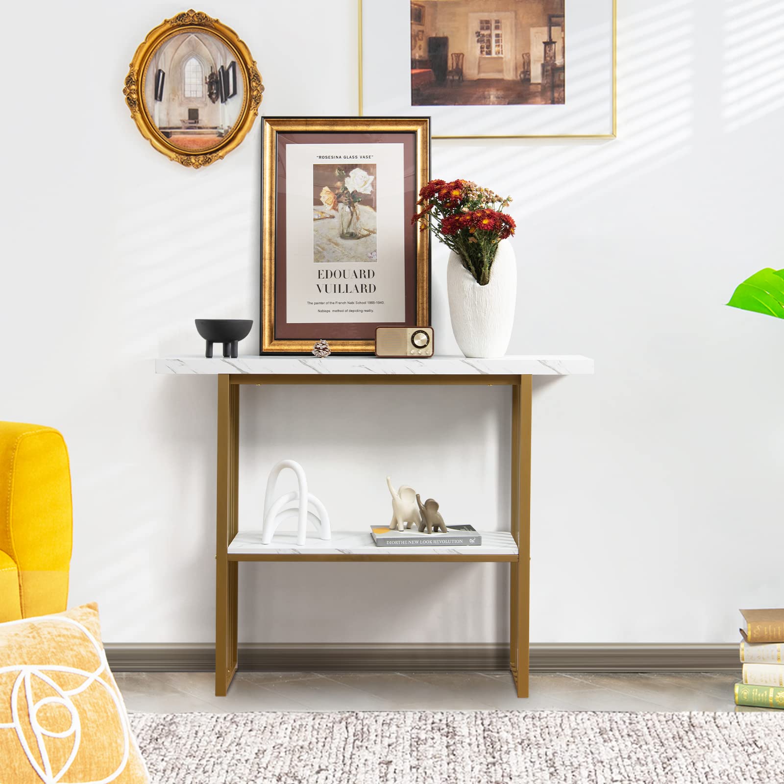 Tangkula 48” Console Table, White Faux Marble Entryway Table with Gold Finished Frame, Modern Deluxe Sofa Table with 2 Tier Storage, Ideal for Living Room, Hallway, Dining Room