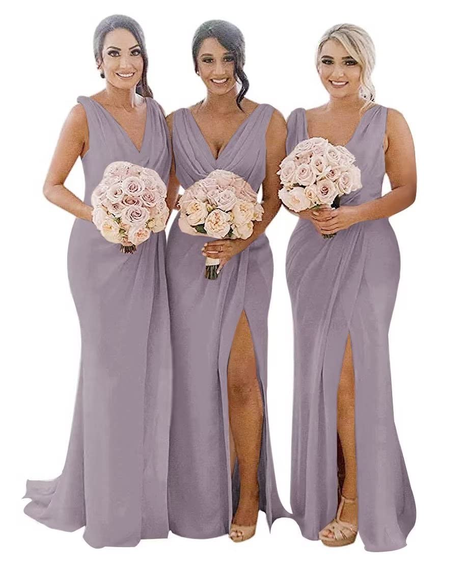 Women's V Neck Chiffon Bridesmaid Dresses with Slit Long Mermaid Formal Party Dresses Ruched Prom Dress Wisteria Size 14