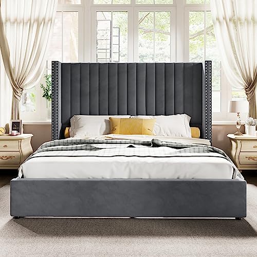 Jocisland Lift up Storage Bed Frame Queen Size, Upholstered Platform Bed Velvet with Channel Tufted Wingback Headboard, No Box Spring Needed, Gray