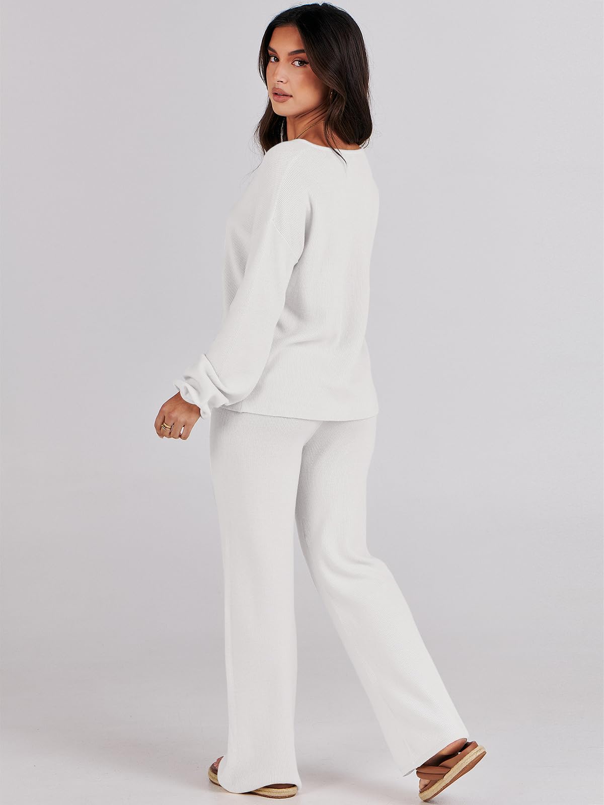 ANRABESS Women 2 Piece Outfits Sweater Lounge Sets Long Sleeve Cable Knit Pullover and Wide Leg Pants Tracksuit Matching Set White Large