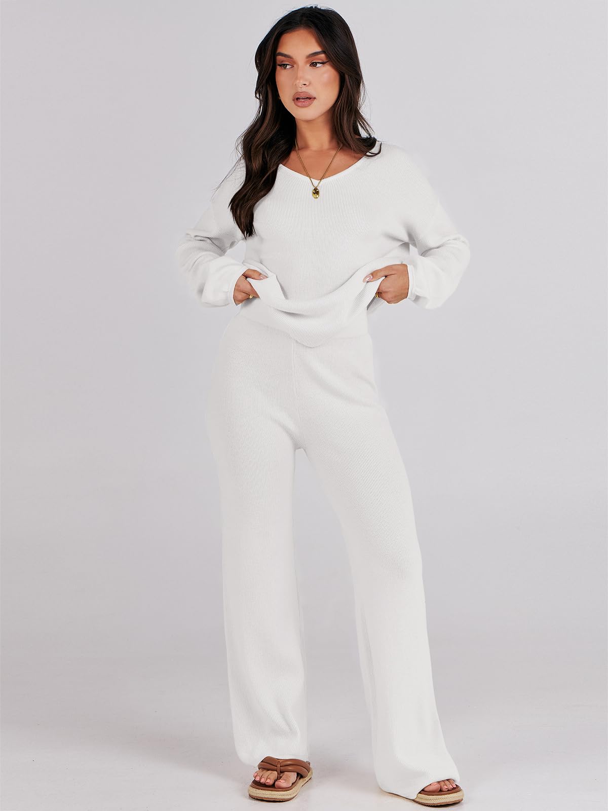 ANRABESS Women 2 Piece Outfits Sweater Lounge Sets Long Sleeve Cable Knit Pullover and Wide Leg Pants Tracksuit Matching Set White Large
