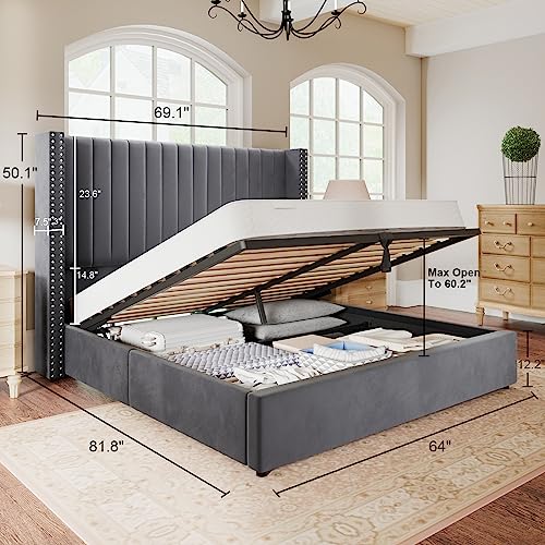 Jocisland Lift up Storage Bed Frame Queen Size, Upholstered Platform Bed Velvet with Channel Tufted Wingback Headboard, No Box Spring Needed, Gray