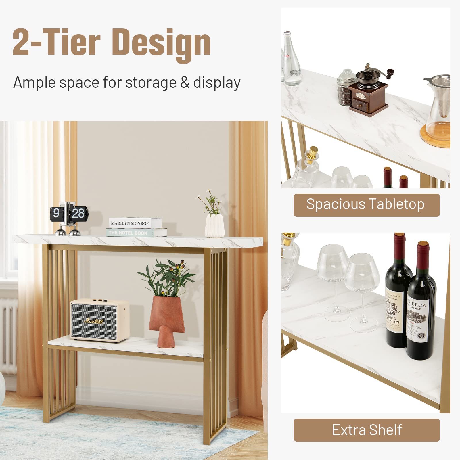 Tangkula 48” Console Table, White Faux Marble Entryway Table with Gold Finished Frame, Modern Deluxe Sofa Table with 2 Tier Storage, Ideal for Living Room, Hallway, Dining Room