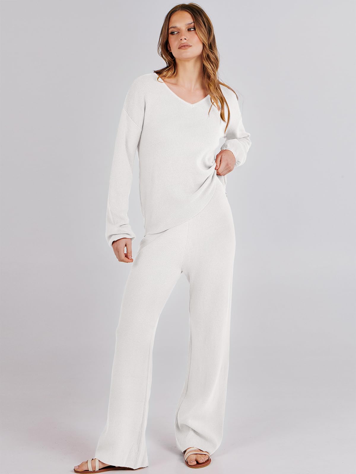 ANRABESS Women 2 Piece Outfits Sweater Lounge Sets Long Sleeve Cable Knit Pullover and Wide Leg Pants Tracksuit Matching Set White Large