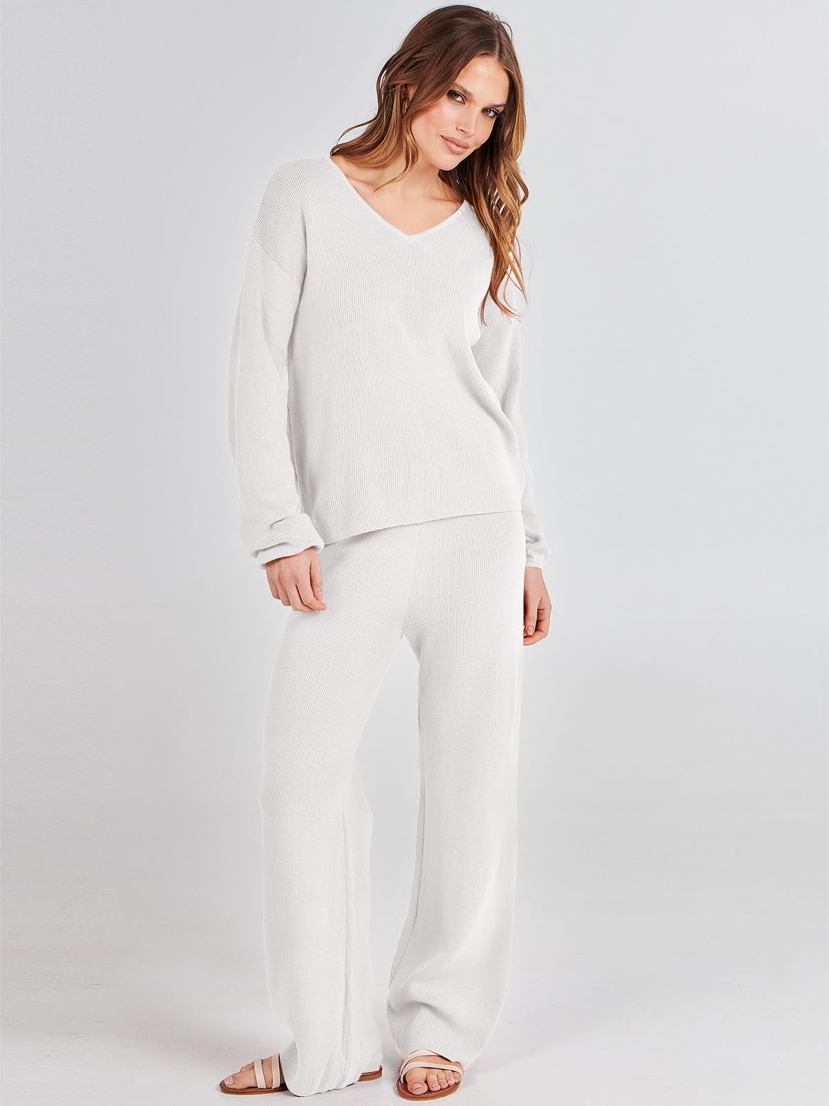 ANRABESS Women 2 Piece Outfits Sweater Lounge Sets Long Sleeve Cable Knit Pullover and Wide Leg Pants Tracksuit Matching Set White Large