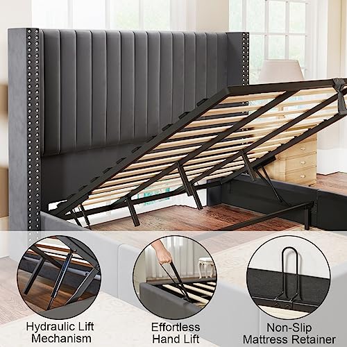 Jocisland Lift up Storage Bed Frame Queen Size, Upholstered Platform Bed Velvet with Channel Tufted Wingback Headboard, No Box Spring Needed, Gray