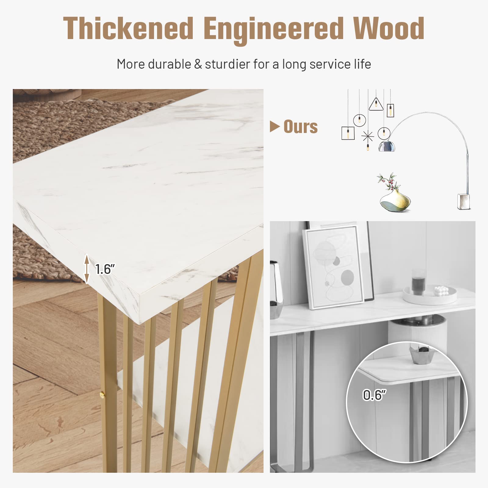 Tangkula 48” Console Table, White Faux Marble Entryway Table with Gold Finished Frame, Modern Deluxe Sofa Table with 2 Tier Storage, Ideal for Living Room, Hallway, Dining Room