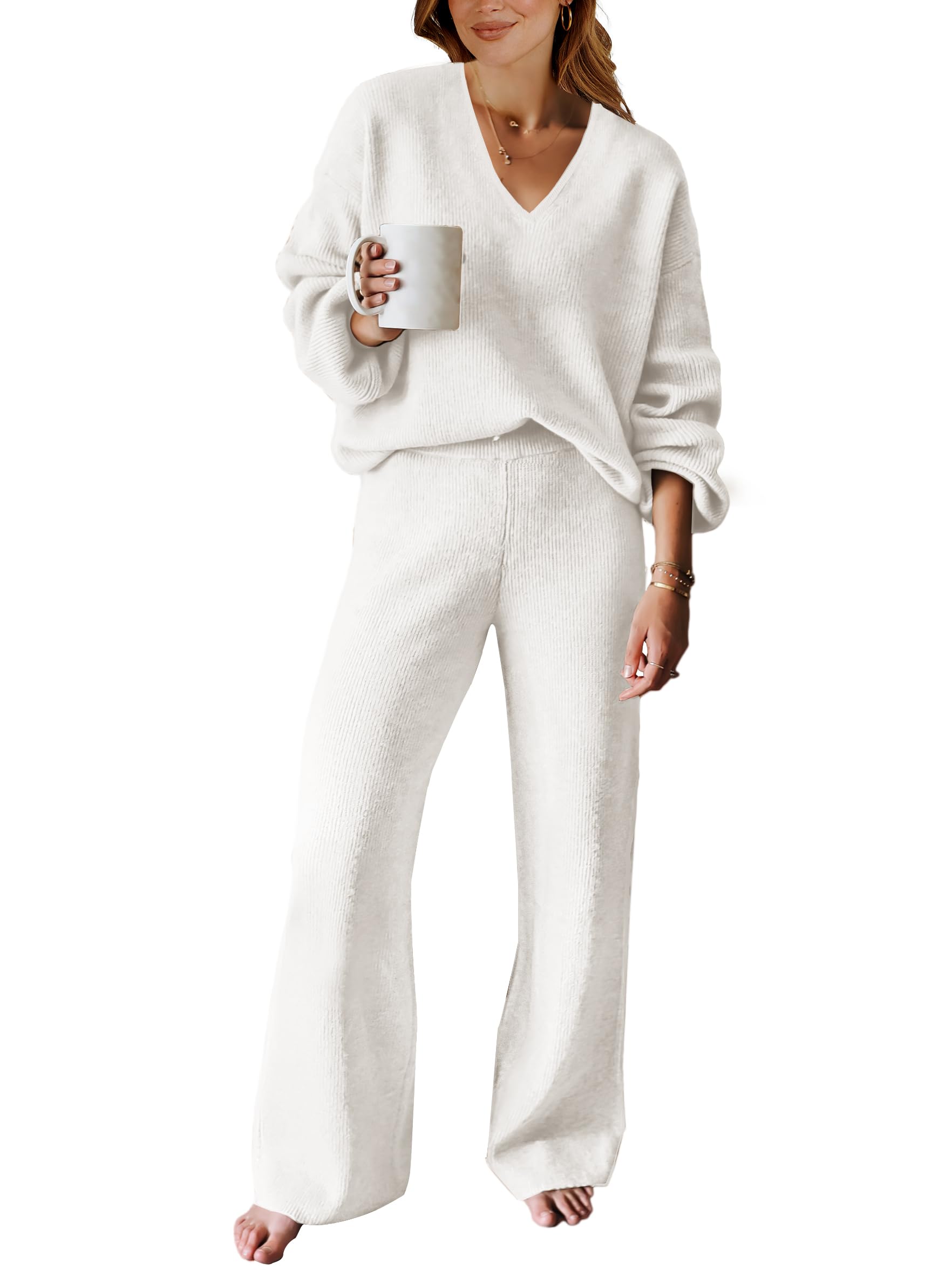 ANRABESS Women 2 Piece Outfits Sweater Lounge Sets Long Sleeve Cable Knit Pullover and Wide Leg Pants Tracksuit Matching Set White Large