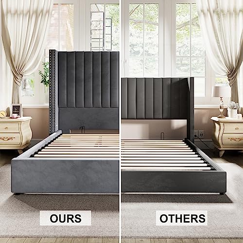 Jocisland Lift up Storage Bed Frame Queen Size, Upholstered Platform Bed Velvet with Channel Tufted Wingback Headboard, No Box Spring Needed, Gray