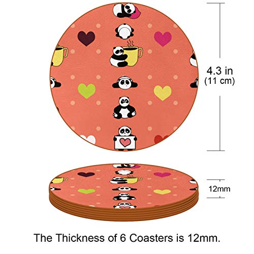 Coasters for Drinks Funny Sleepy Panda Coffee and Hearts Pattern Leather Round Mug Cup Pad Mat for Protect Furniture, Heat Resistant, Kitchen Bar Decor, Set of 6