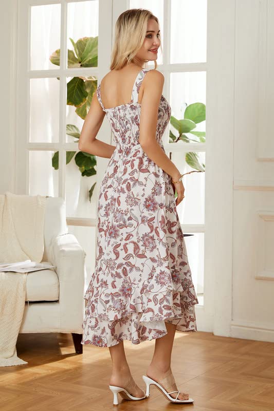 GRACE KARIN Women's 2025 Summer Floral Boho Dress Square Neck Strapped Swing A Line Sundress Beach Long Maxi OutfitsBeige S