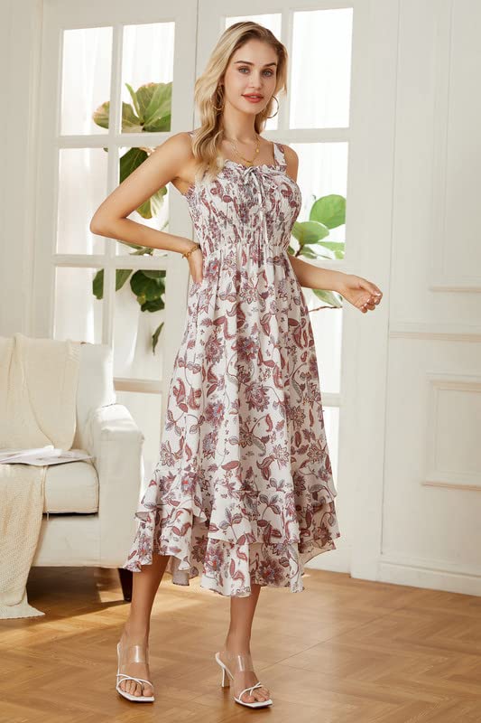 GRACE KARIN Women's 2025 Summer Floral Boho Dress Square Neck Strapped Swing A Line Sundress Beach Long Maxi OutfitsBeige S