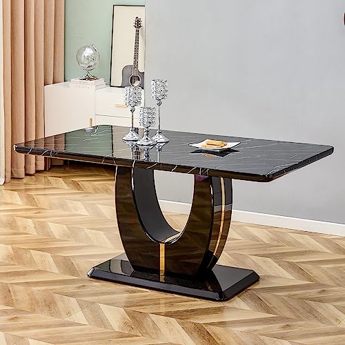 Pvillez 63" Marble Dining Table Set for 4, Modern 5 Piece Kitchen Table and Chairs, Black Faux Marble Dining Table with U-Shaped Pedestal Base & 4 C-Shaped PU Leather Upholstered Dining Chairs