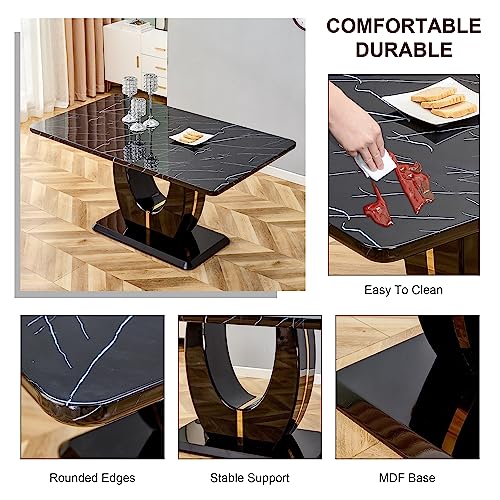 Pvillez 63" Marble Dining Table Set for 4, Modern 5 Piece Kitchen Table and Chairs, Black Faux Marble Dining Table with U-Shaped Pedestal Base & 4 C-Shaped PU Leather Upholstered Dining Chairs