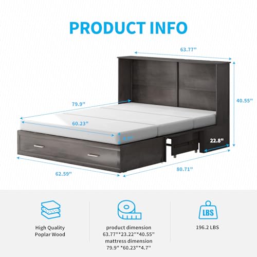 Mjkone Queen Murphy Bed with USB Charging Station | Modern Cabinet Bed with Tri-Folding Mattress | Hide-Away Bed with 2 Drawers for Bedroom | Guest Room | Office (Grey Pattern XI)