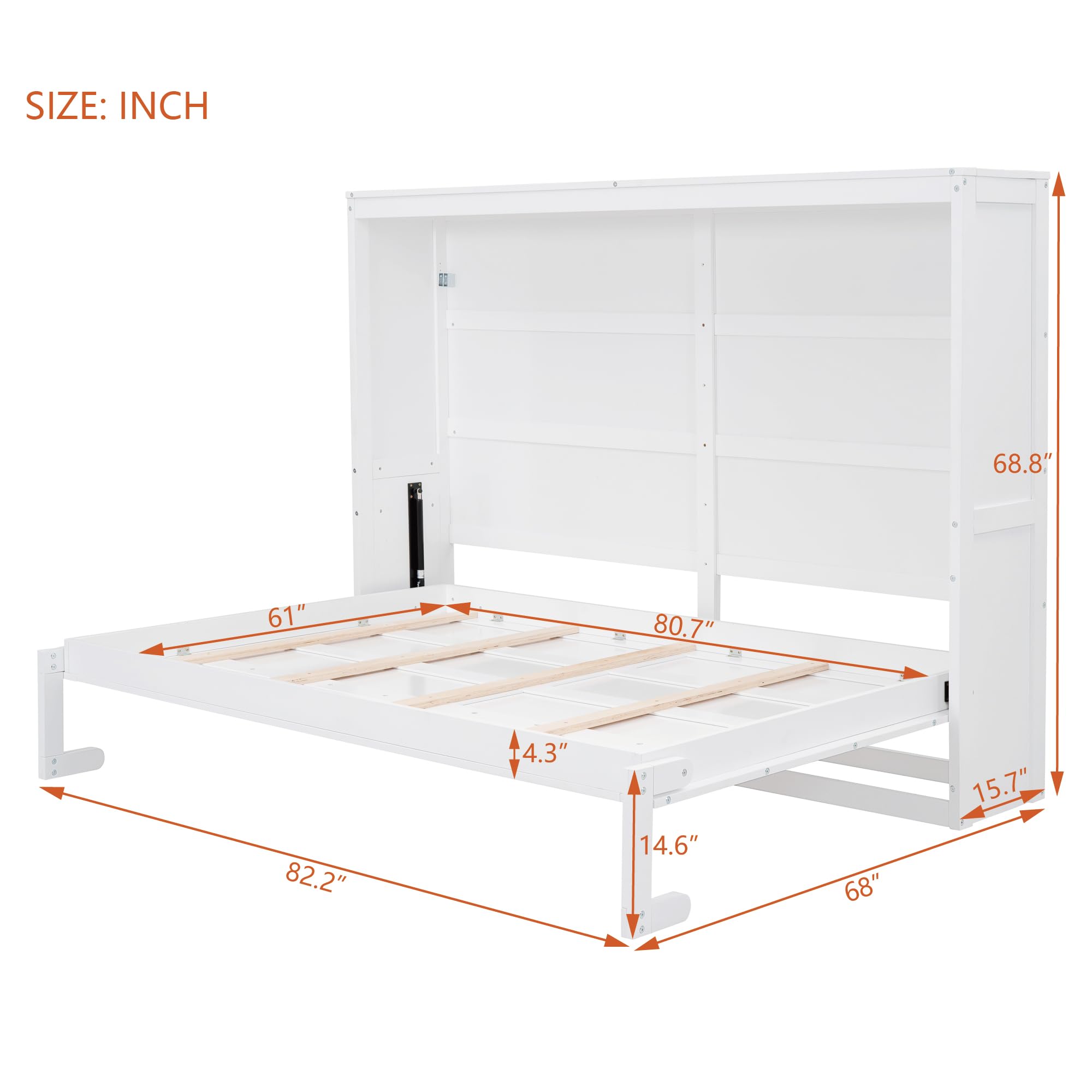 Murphy Bed Queen Size, Wood Cabinet Bed Frame with A Storage Shelf, Modern Foldable Wall Bed for Home Office Studio, No Box Spring Needed, White