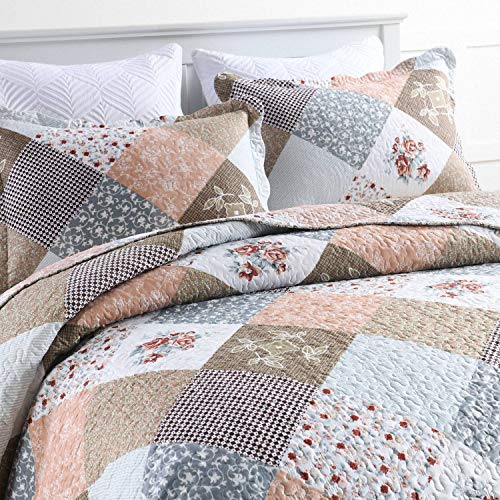HoneiLife Quilt Set King Size - 3 Piece Microfiber Quilts Reversible Bedspreads Patchwork Coverlets Floral Bedding Set All Season Quilts-Mocha Rose,King Size
