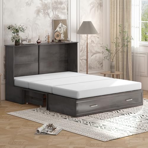 Mjkone Queen Murphy Bed with USB Charging Station | Modern Cabinet Bed with Tri-Folding Mattress | Hide-Away Bed with 2 Drawers for Bedroom | Guest Room | Office (Grey Pattern XI)